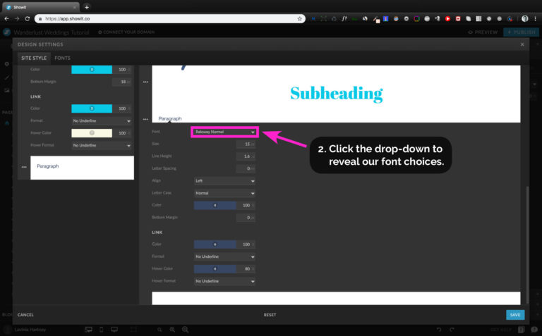 2. Click on the drop-down menu under Font.